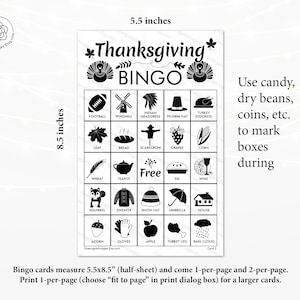 Thanksgiving Bingo Cards: Printable Bingo Cards, Black and White, 50 ...