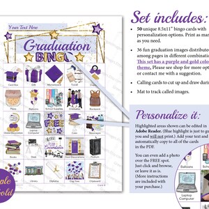 Graduation Bingo - 50 PRINTABLE Unique Cards. Purple and Gold Color ...