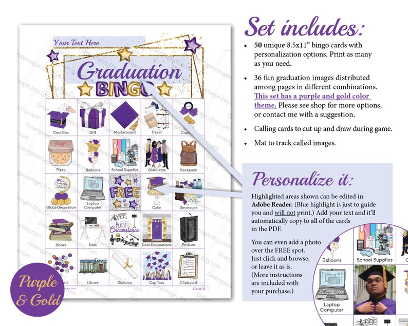 Graduation Bingo - 50 PRINTABLE Unique Cards. Purple and Gold Color ...