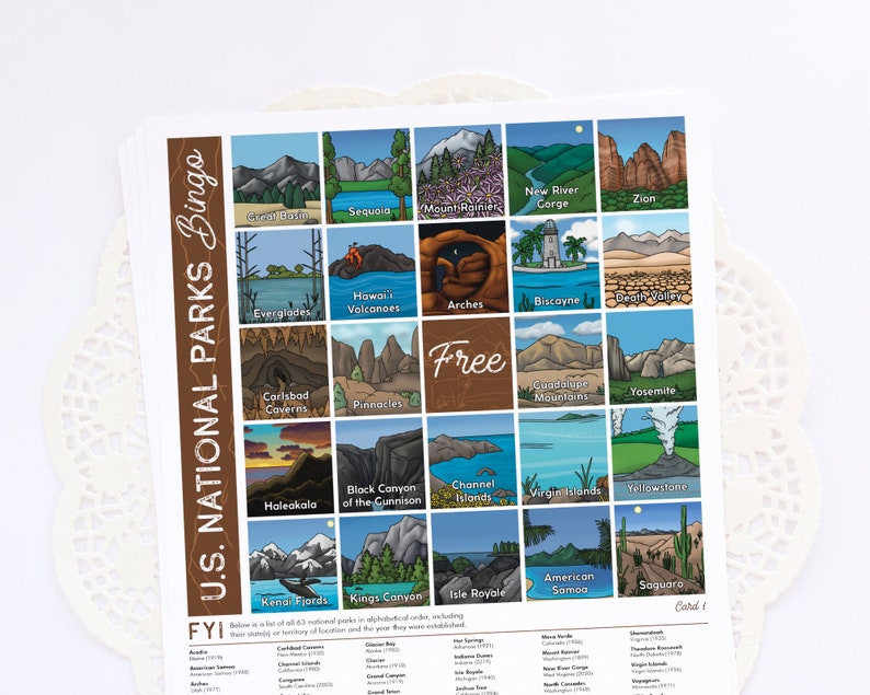National Parks Bingo - 50 Cards, PRINTABLE, Senior Citizen Activities ...