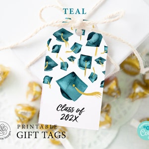 Teal Graduation Cap Gift Tags - PRINTABLE, Editable Corjl, Favor Bag ...