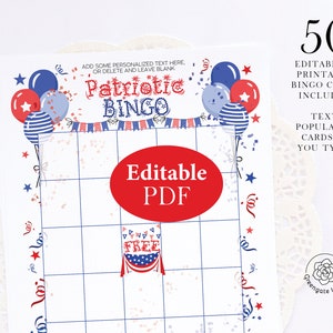 FILLABLE Patriotic Bingo Template - 50 PRINTABLE Bingo Cards Pdf ...