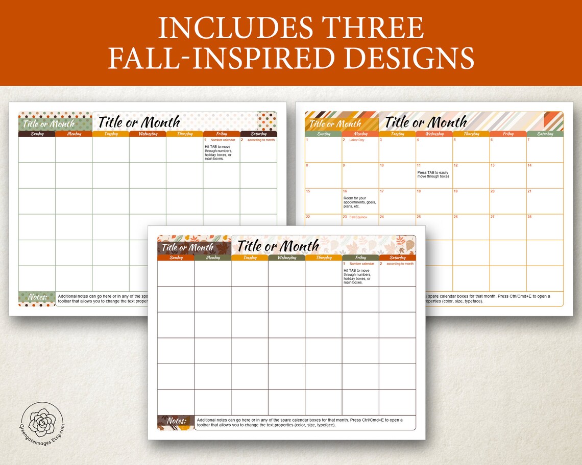 Editable Calendar Templates: Blank Calendar Pages Fall - Etsy