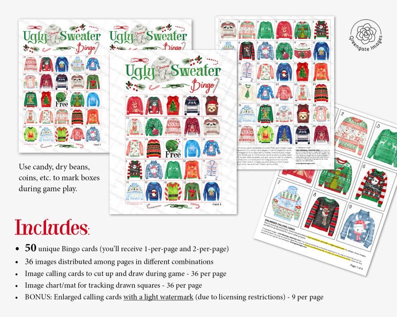 Ugly Christmas Sweater Bingo - 50 PRINTABLE Unique Cards. Instant ...