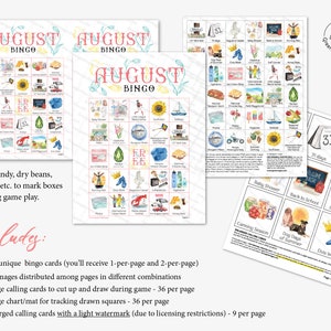 August Bingo - 50 PRINTABLE Unique Cards. Instant Digital Download PDF ...