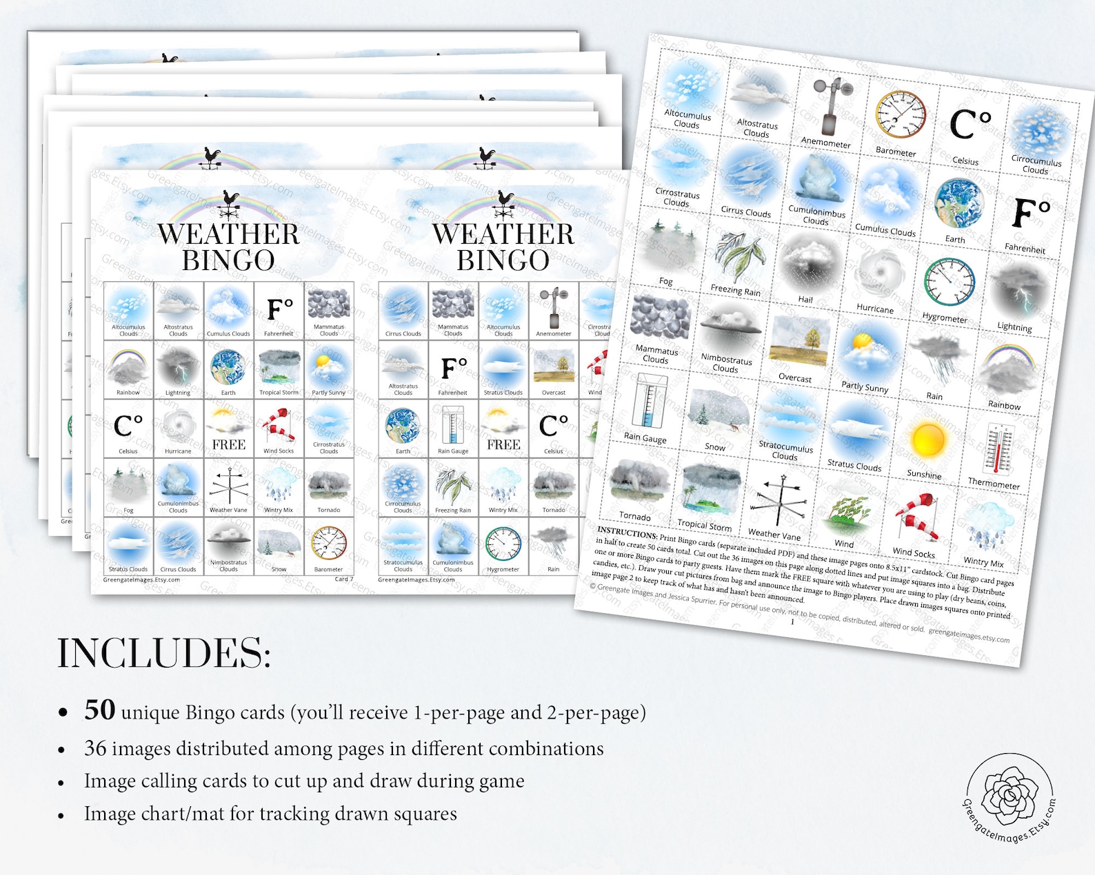 Weather Bingo Cards: Printable Bingo Cards, 50 Cards, Kids Game ...