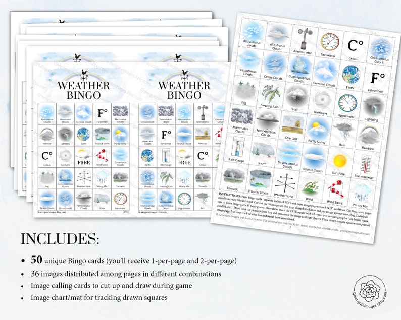 Weather Bingo Cards: Printable Bingo Cards 50 Cards Kids - Etsy