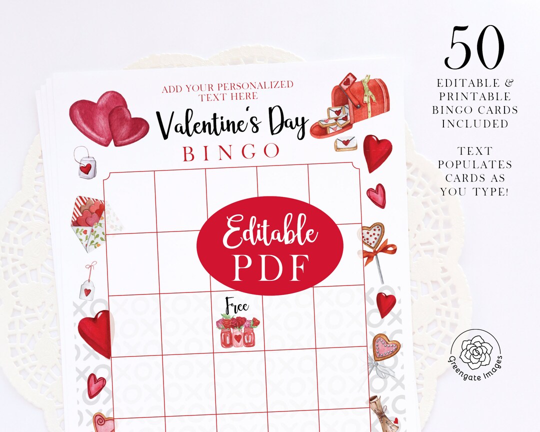 FILLABLE Valentine Heart Bingo Template: 50 Cards Printable - Etsy
