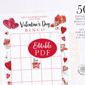 FILLABLE Valentine Heart Bingo Template: 50 Cards Printable Pdf ...