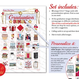 Graduation Bingo - 50 PRINTABLE Unique Cards. Bright Red and Gold Color ...