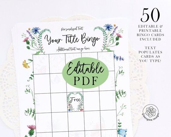 FILLABLE Wildflower Bingo Template: 50 Cards Printable Pdf - Etsy