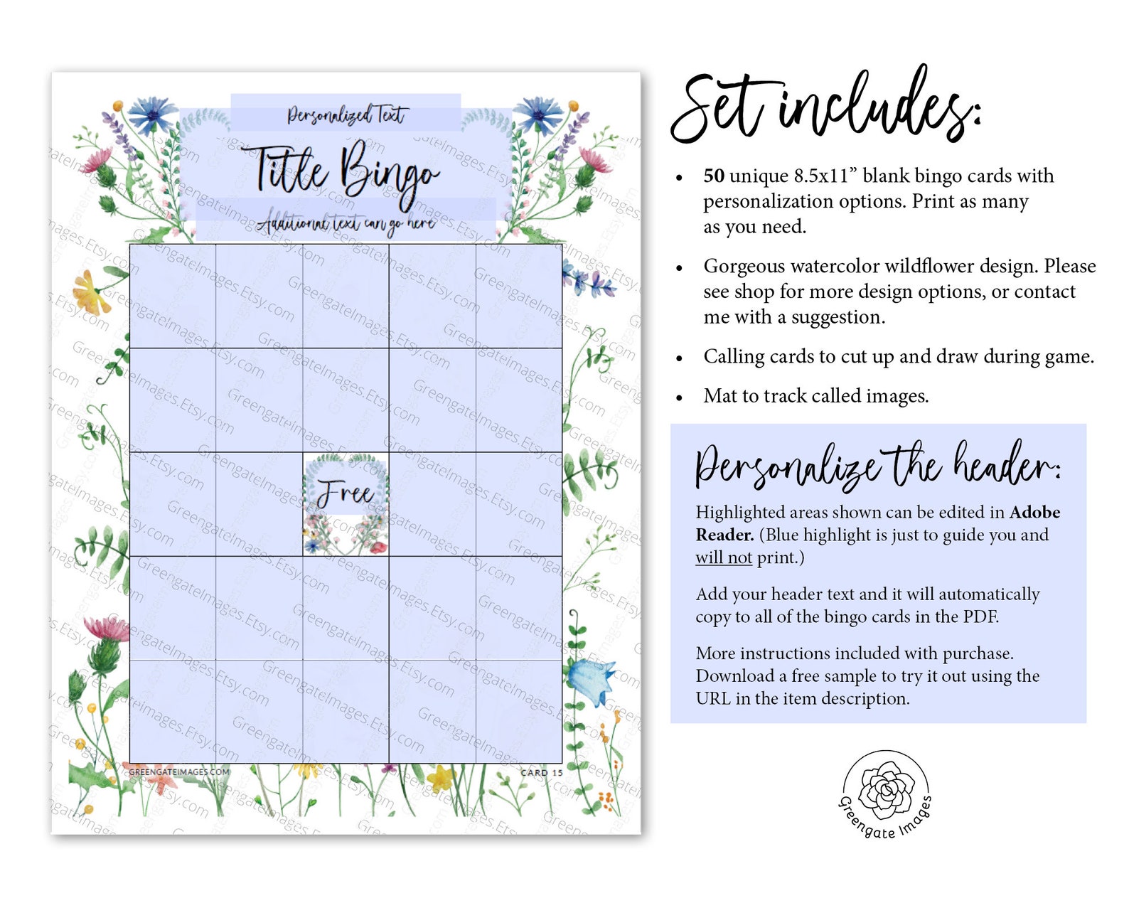 FILLABLE Wildflower Bingo Template: 50 Cards Printable Pdf - Etsy