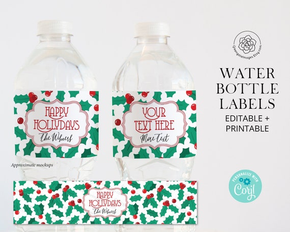 Christmas Water Bottle Label Printable Corjl Editable | Etsy