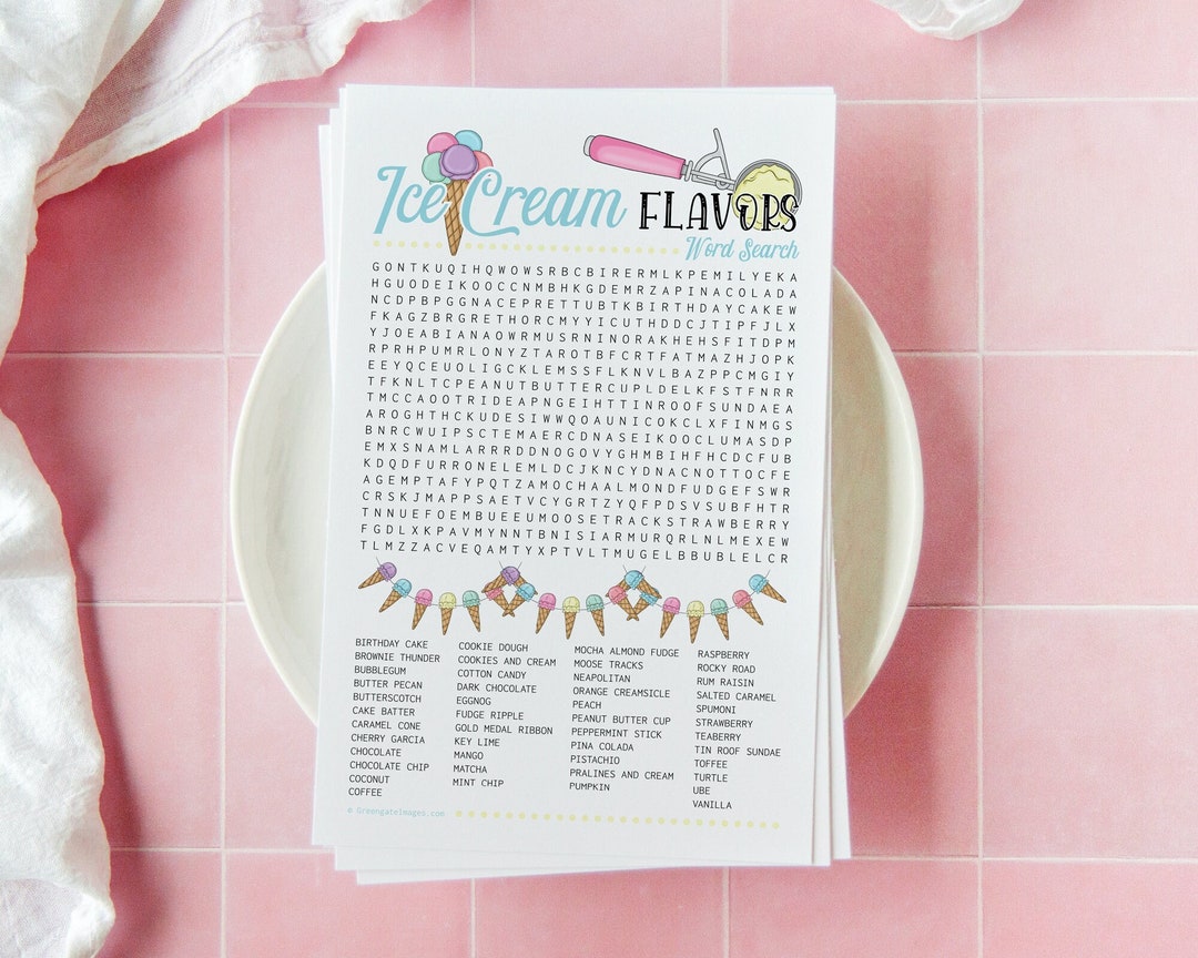 Ice Cream Flavors Word Search - PRINTABLE Downloadable Activity. Fun ...