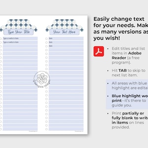 Printable List Paper - Editable/fillable Instant Download PDF. To-do ...