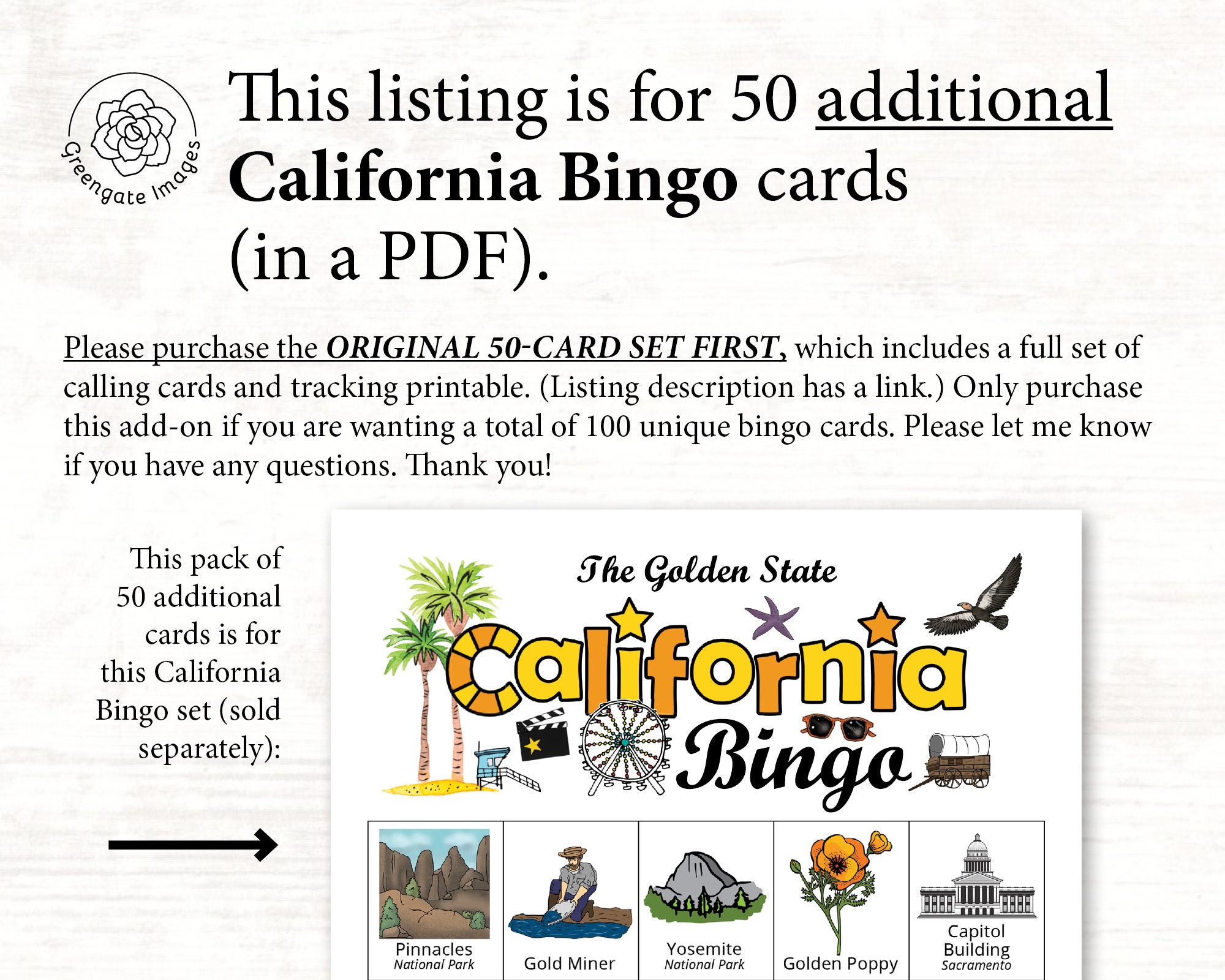 ADD-ON: 50 Additional California Bingo Cards (numbered 51-100) to Go ...