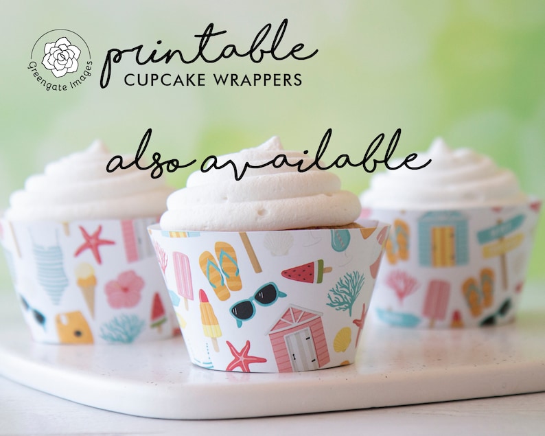Summer Beach Cupcake Wrapper - PRINTABLE Instant Download, Swimming ...