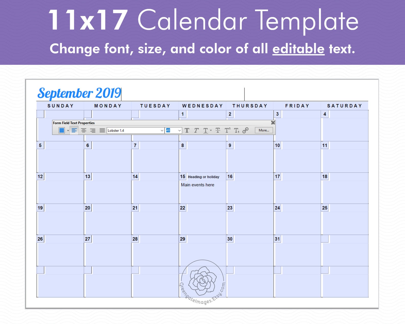 11x17 Calendar Template - Editable Landscape Calendar, Any Month, A3 ...