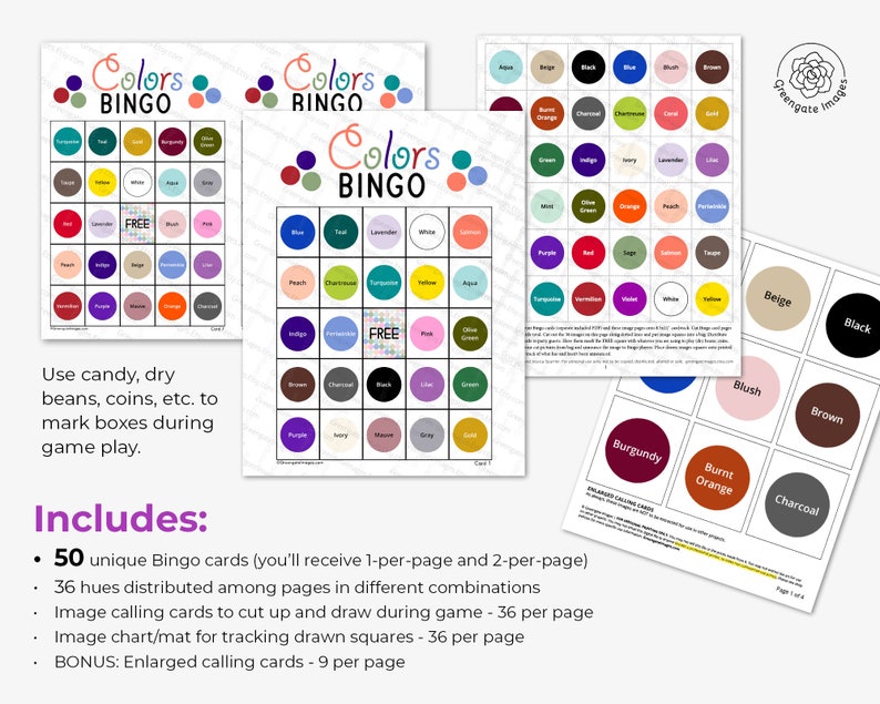 Colors Bingo Cards: Printable Bingo, 50 Cards, Senior Citizen ...