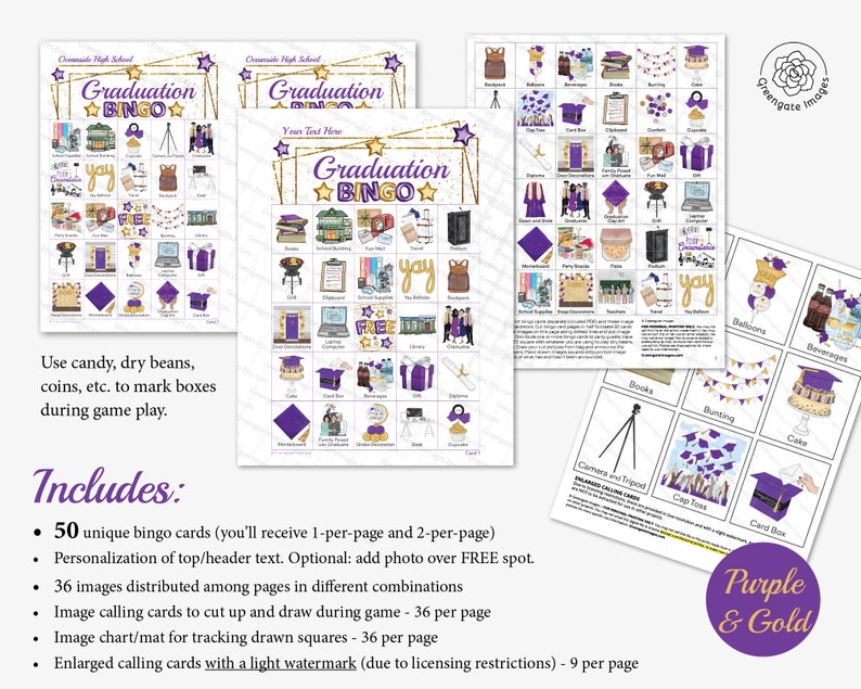 Graduation Bingo 50 PRINTABLE Unique Cards. Purple and Gold - Etsy