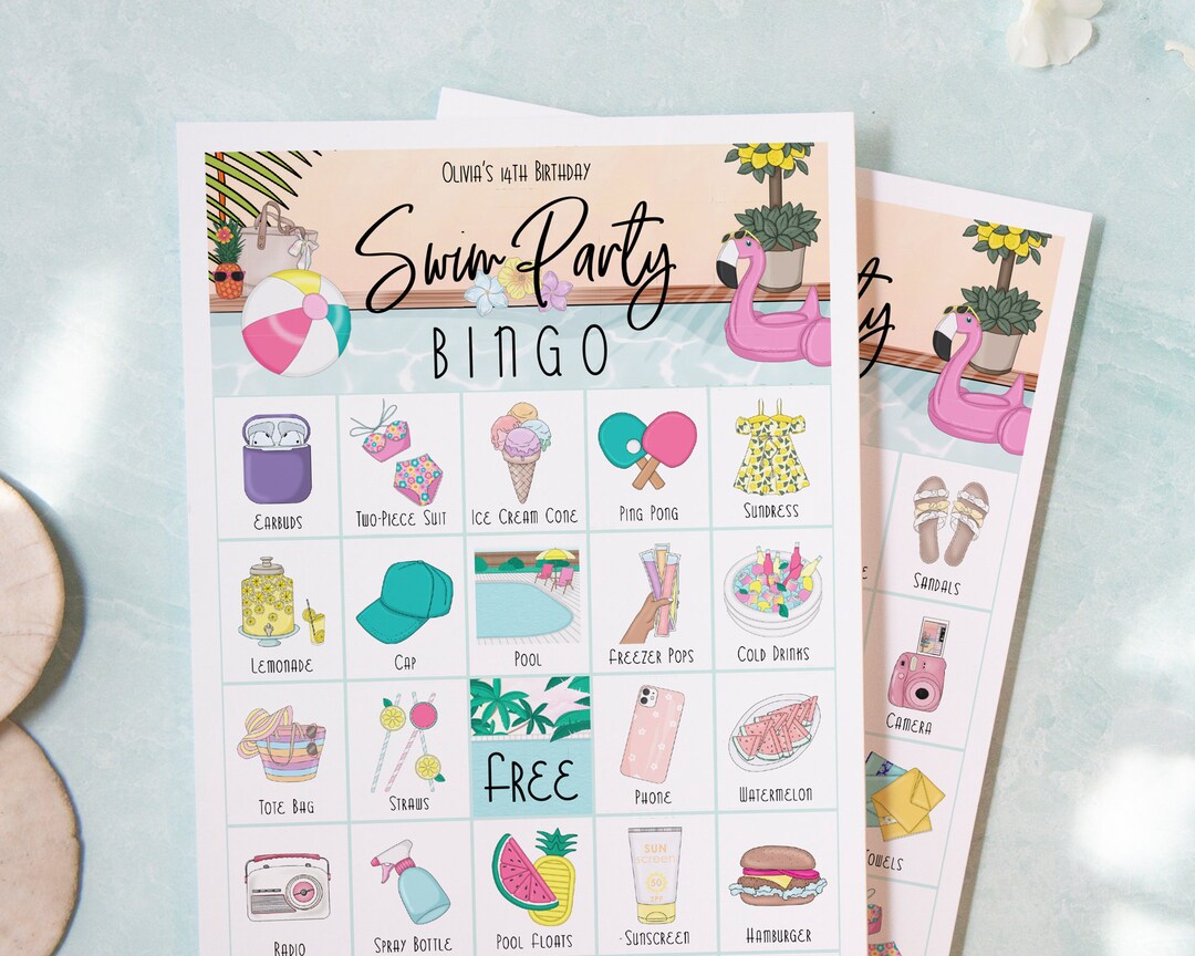 Pool Party Bingo - 50 Printable Bingo Cards. Personalized Editable ...