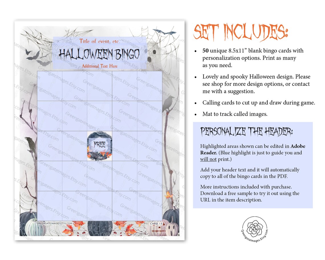 FILLABLE Halloween Bingo Template: 50 Cards Printable Bingo Pdf ...