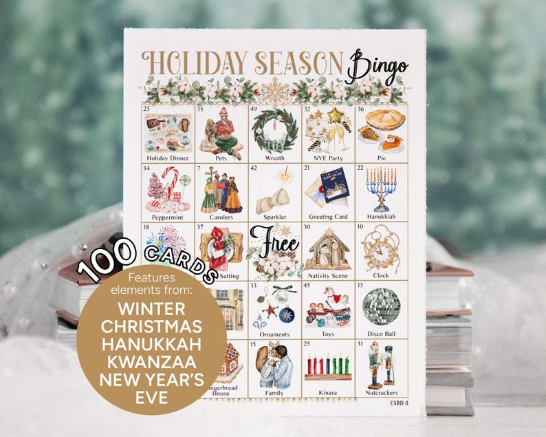 Holiday Season Bingo - 100 PRINTABLE Unique Cards. Winter, Christmas ...