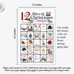 12 Days of Christmas Bingo Cards - 50 PRINTABLE Unique Cards, Senior ...