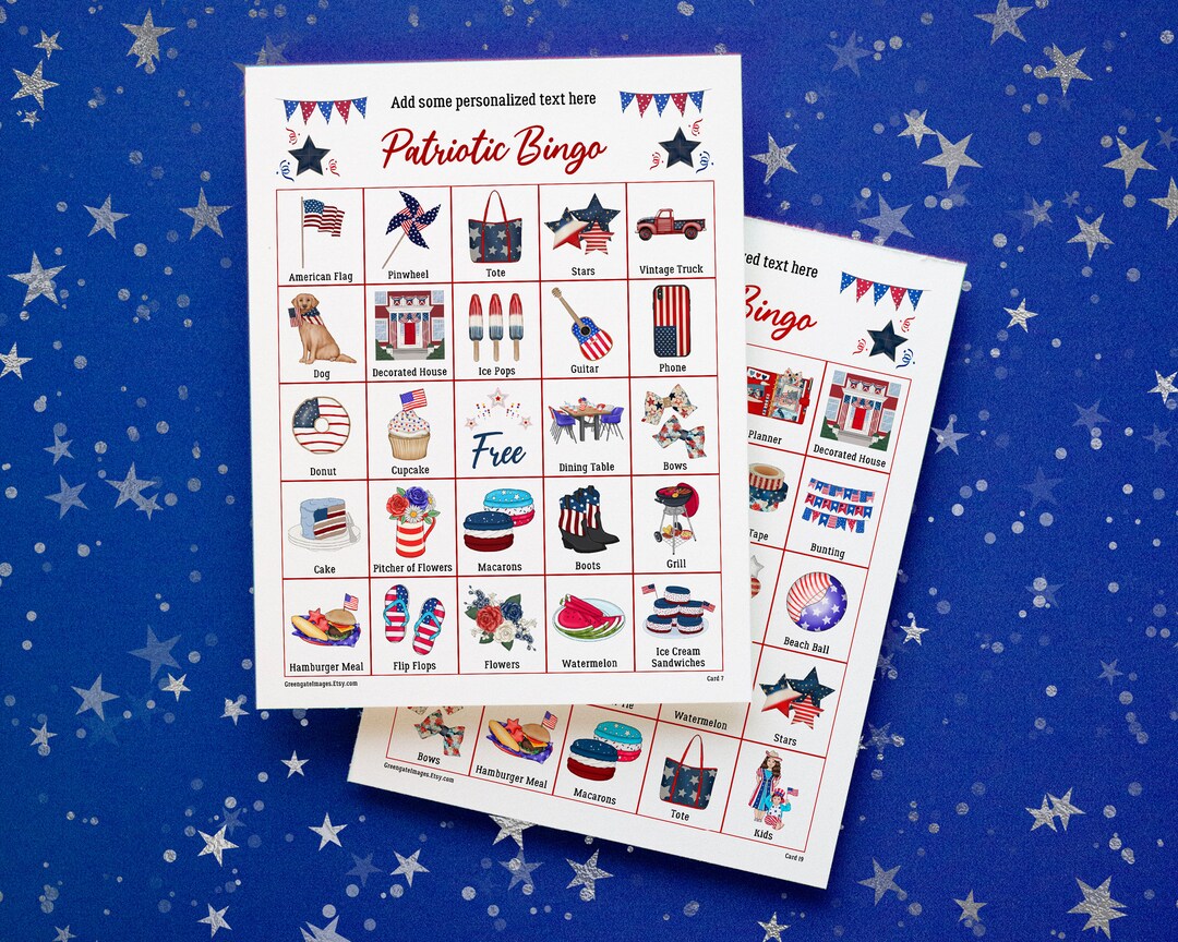 Patriotic Bingo - 50 PRINTABLE Unique Cards, 4th of July, Memorial Day ...