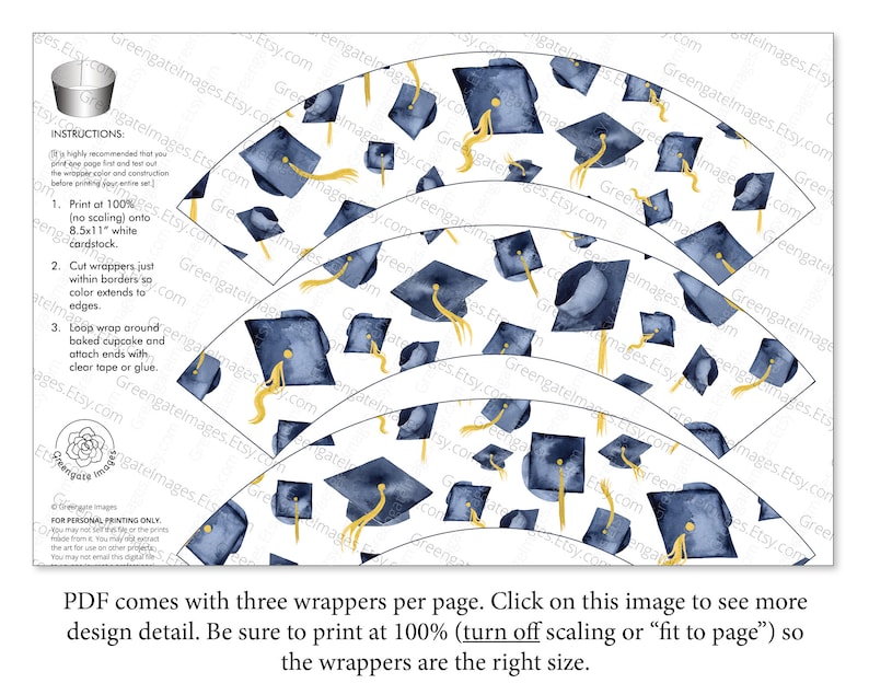 Navy Blue Graduation Cupcake Wrapper - PRINTABLE Cupcake/muffin Sleeve ...