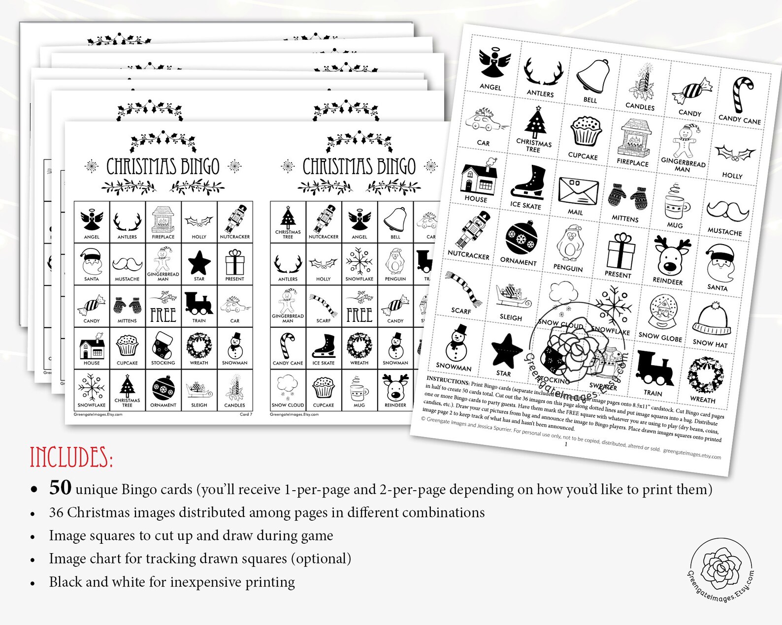 Christmas Bingo Cards: Printable Bingo Cards, Black and White, 50 Cards ...