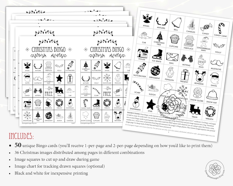 Christmas Bingo Cards: Printable Bingo Cards, Black and White, 50 Cards ...