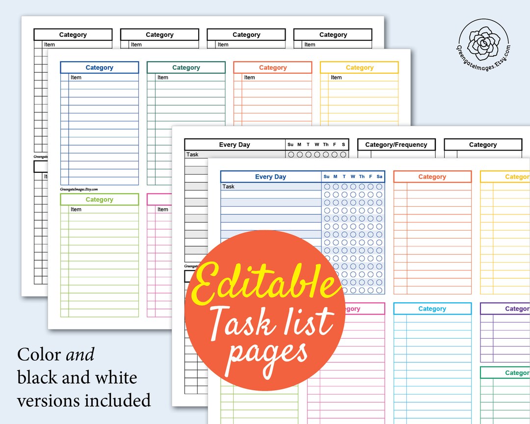 Printable Task List Editable List Page Color and Black - Etsy