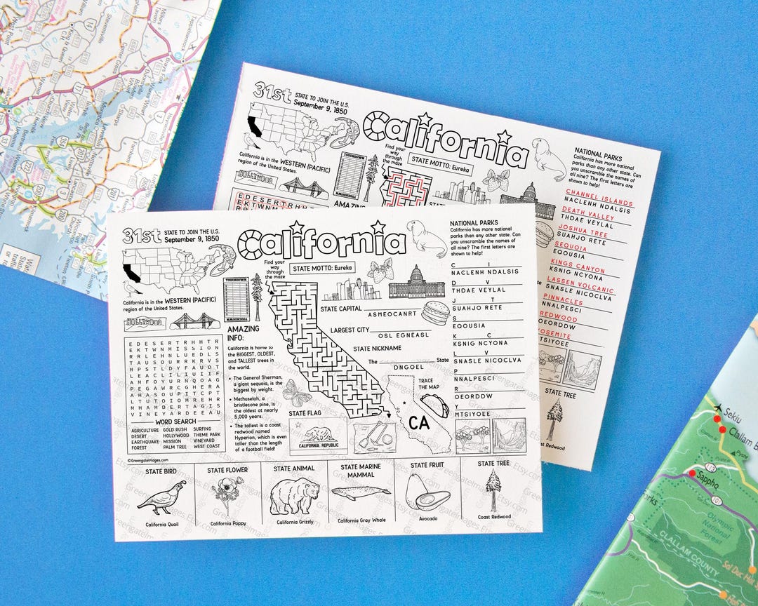 California Activity Page - PRINTABLE Instant Download PDF Kids Game. CA ...