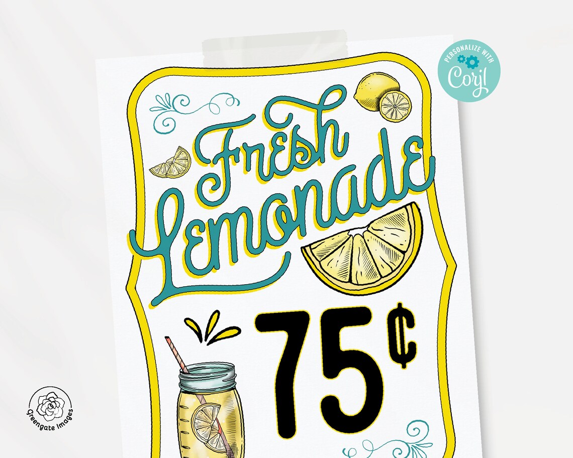 Fresh Lemonade Sign - PRINTABLE Corjl 8.5x11" Sign Template. Aqua Teal ...
