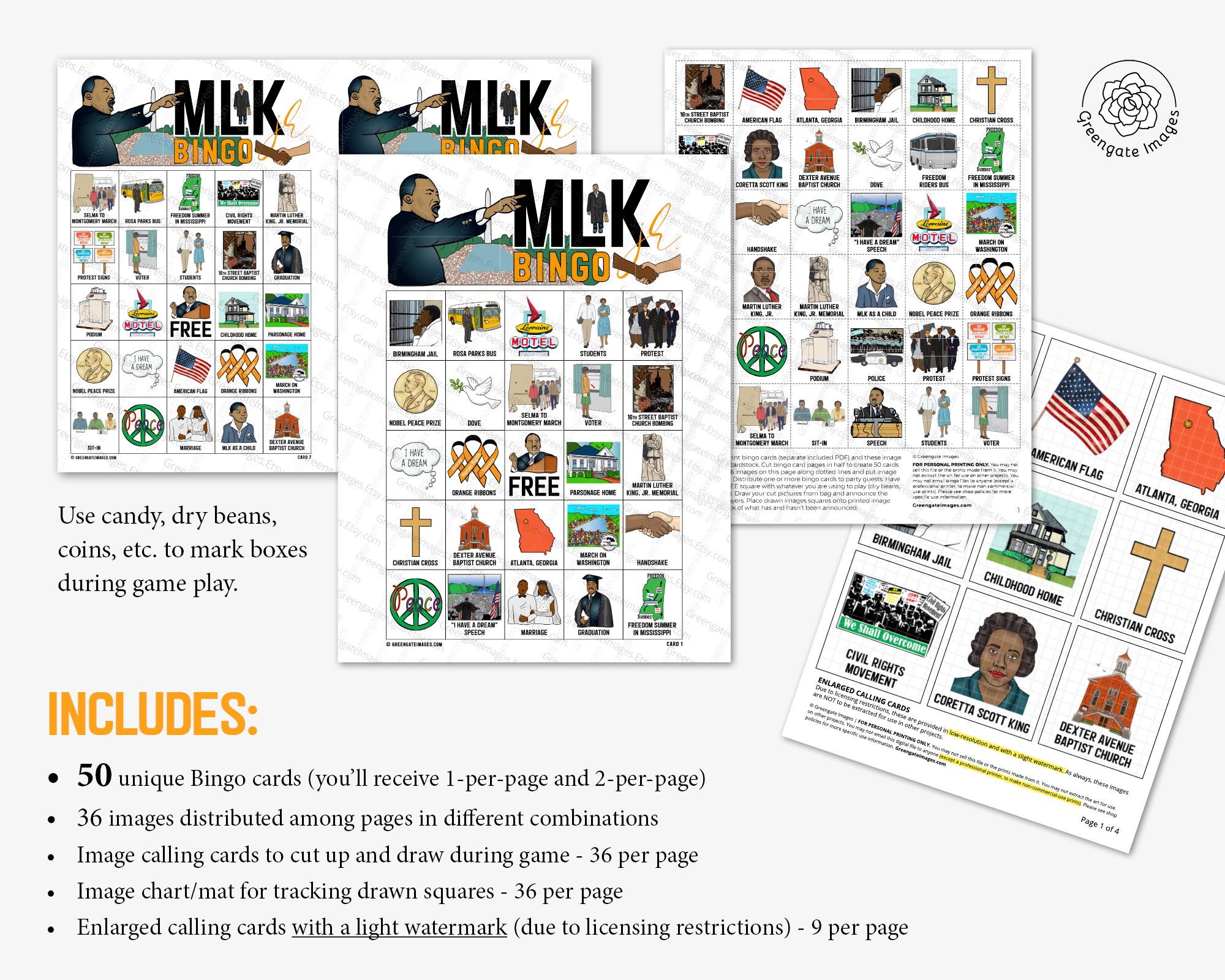MLK Bingo - 50 PRINTABLE Unique Cards. Instant Digital Download PDF ...