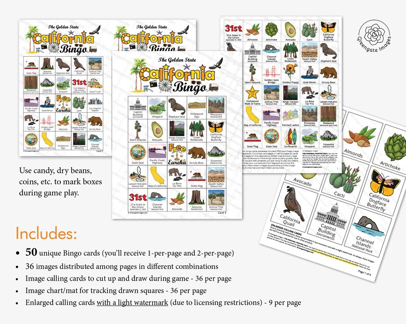 California Bingo - 50 PRINTABLE Unique Cards You Download Instantly ...