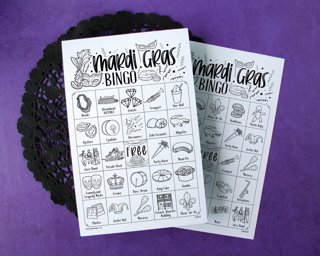 Black & White Mardi Gras Bingo Cards - 50 PRINTABLE Bingo Cards. Senior ...
