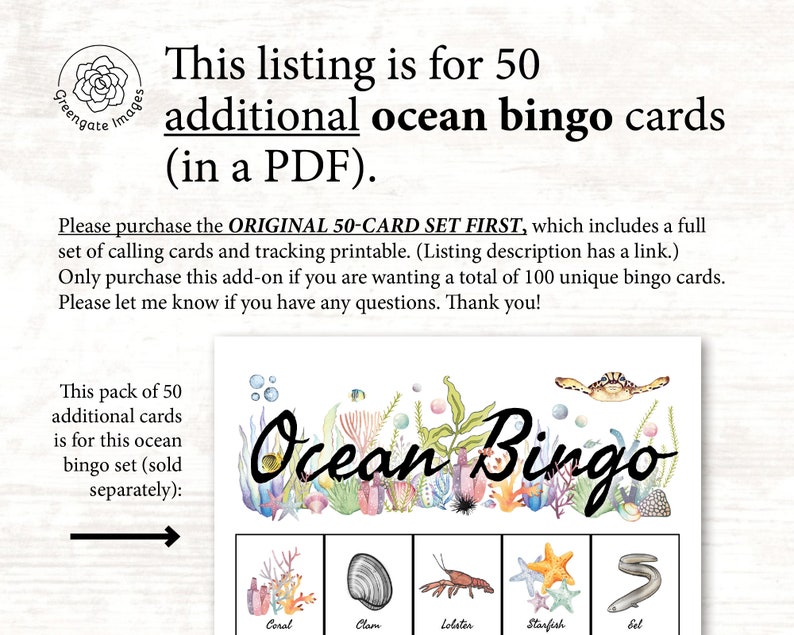 ADD-ON: 50 Additional Ocean Bingo Cards numbered 51-100 to - Etsy