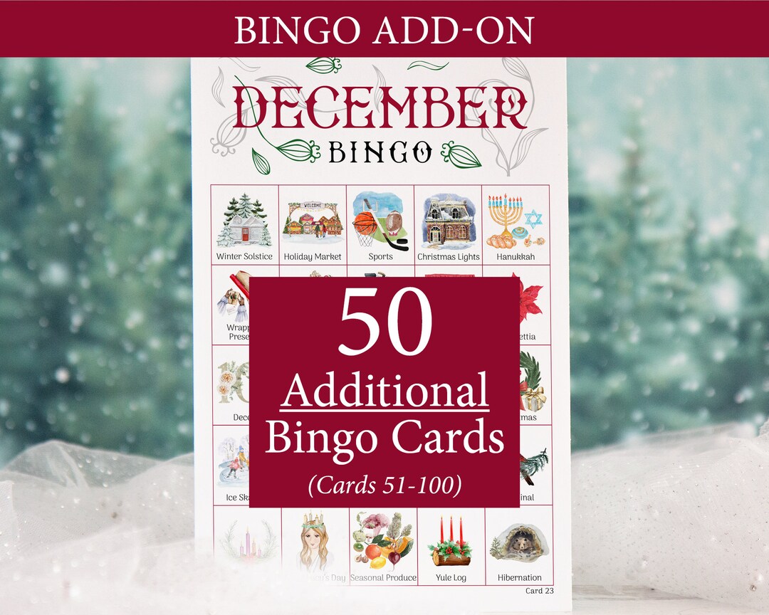 ADD-ON: 50 Additional December Bingo Cards (numbered 51-100) to Go With ...