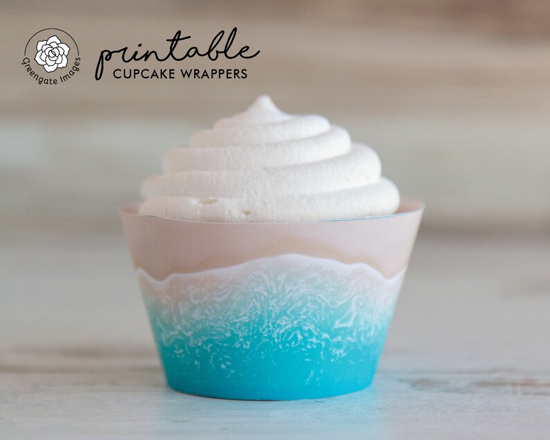 Turquoise Beach Cupcake Wrapper - PRINTABLE Pdf, Ocean Shore Water and ...