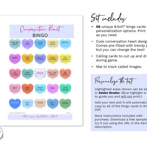 Conversation Heart Bingo Template: 50 Cards Printable Pdf, Editable ...