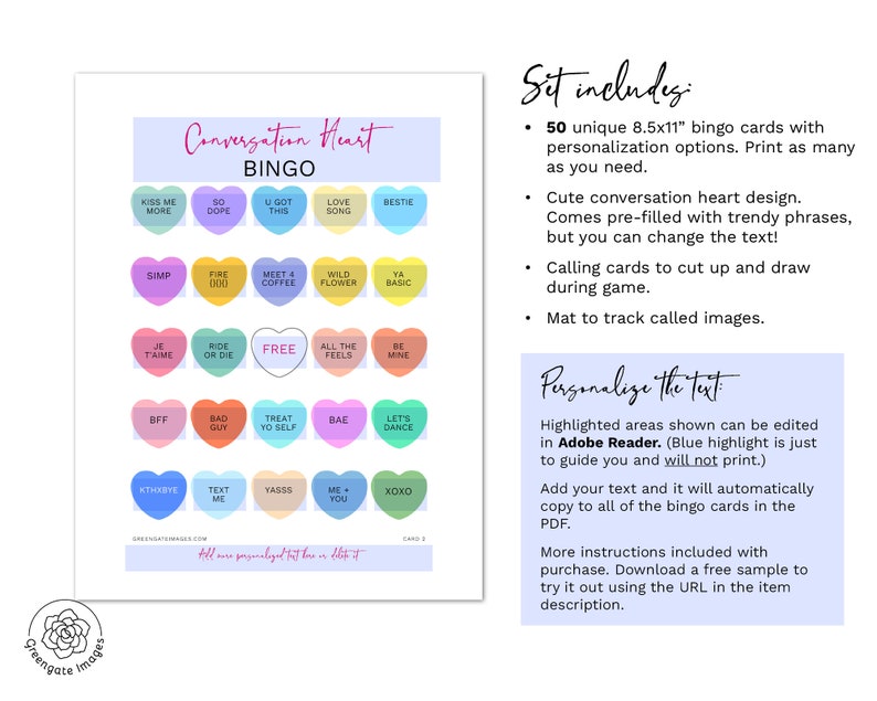Conversation Heart Bingo Template: 50 Cards Printable Pdf, Editable ...