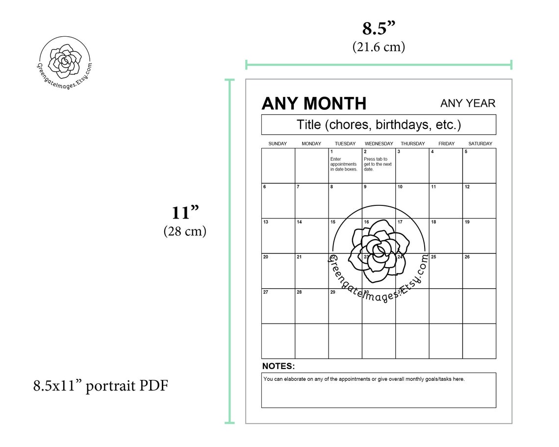 Editable Calendar PDF: Any Year, Fillable, Printable, Monthly Planner ...