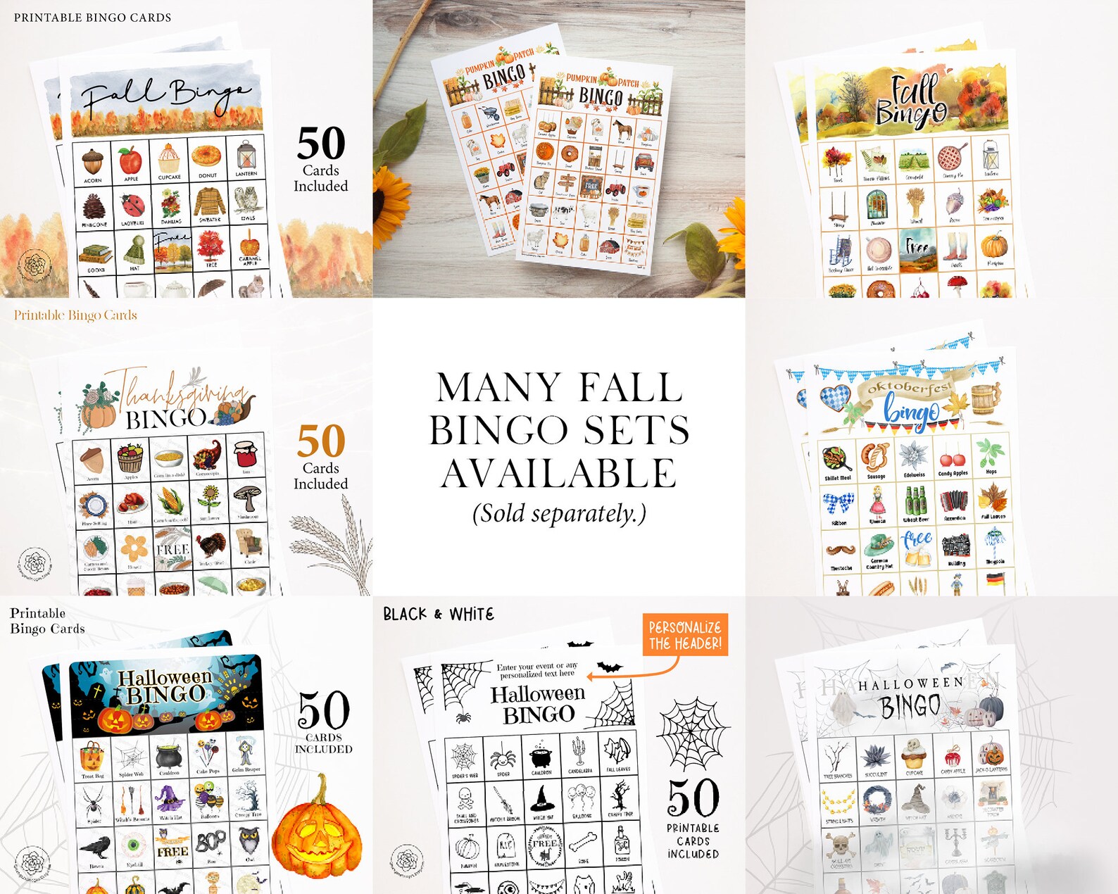 Fall Bingo Cards: Printable Bingo, 50 Cards, Fall Party Idea, Senior ...