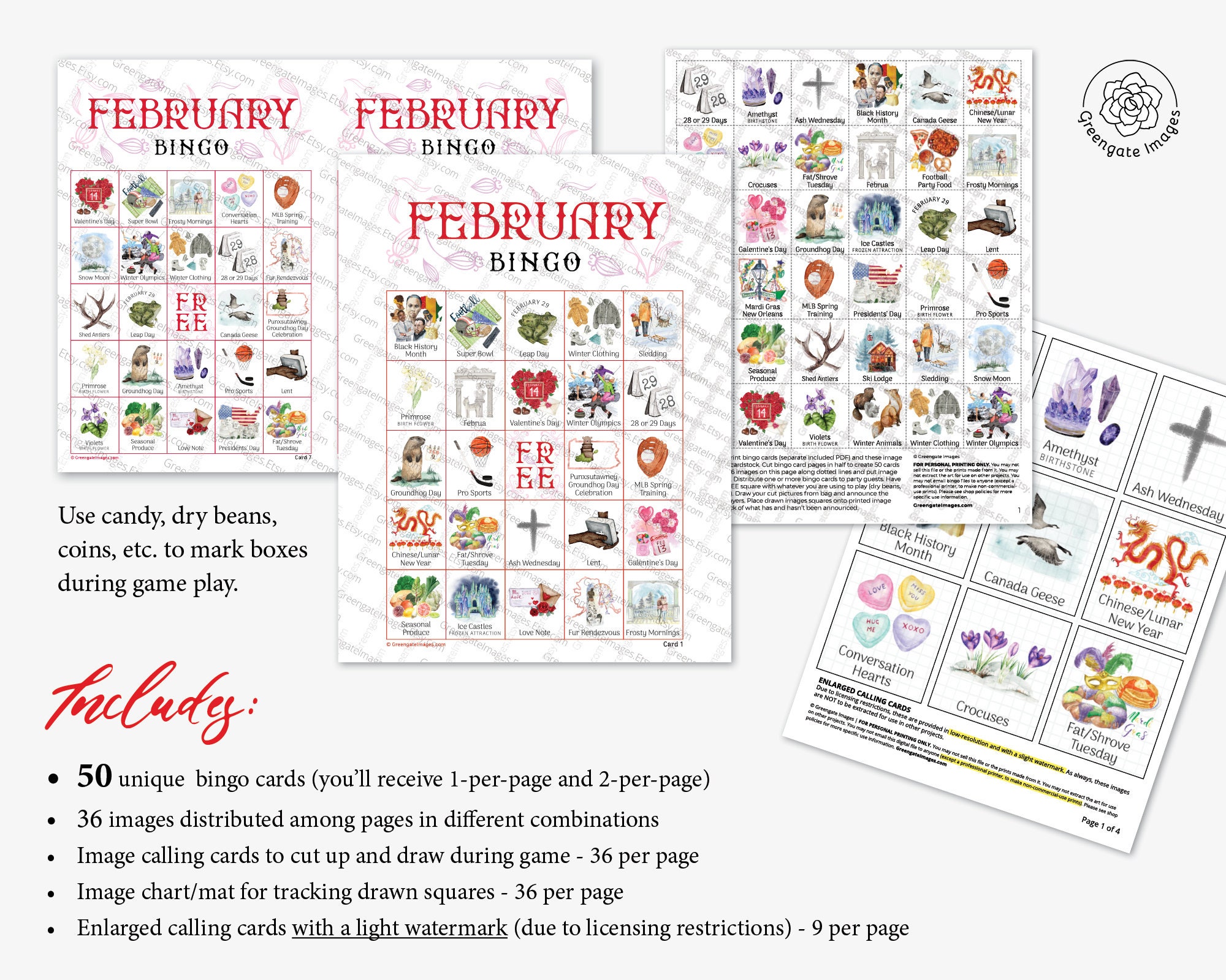 February Bingo - 50 PRINTABLE Unique Cards. Instant Digital Download ...