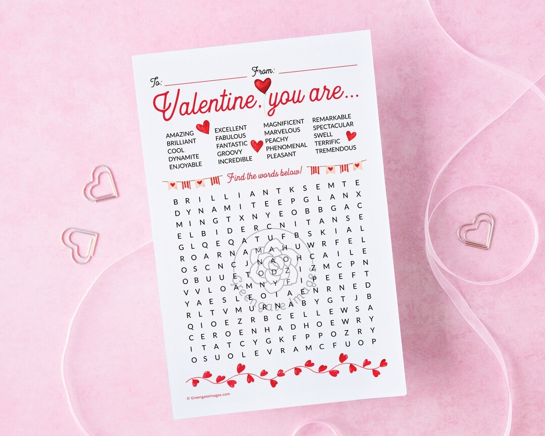 Word Find Valentines - PRINTABLE Word Search With to and From. Instant ...