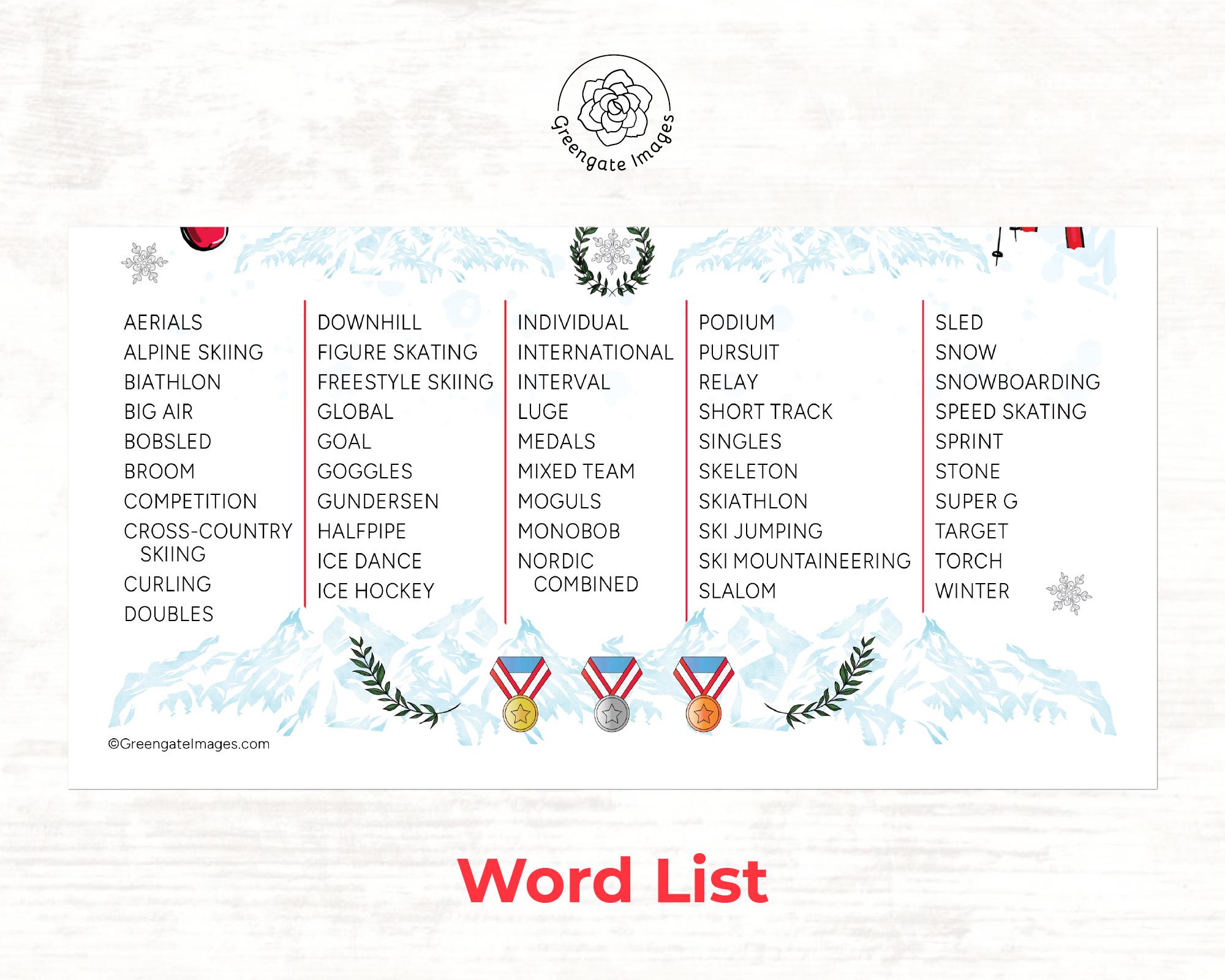 Winter Sports Word Search - PRINTABLE Downloadable Activity. Cute ...