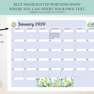 Editable Calendar Templates: Blank Calendar Pages, Watercolor Cactus ...
