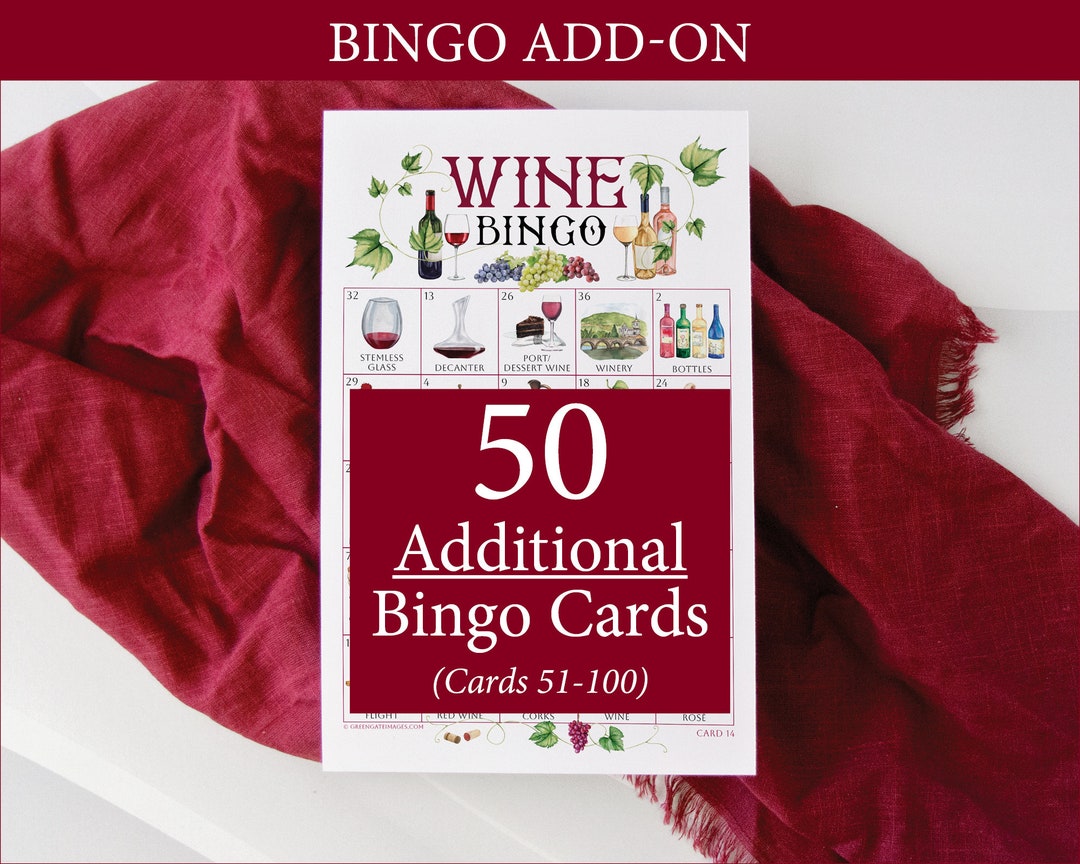 ADD-ON: 50 Additional Wine Bingo Cards (numbered 51-100) to Go With the ...